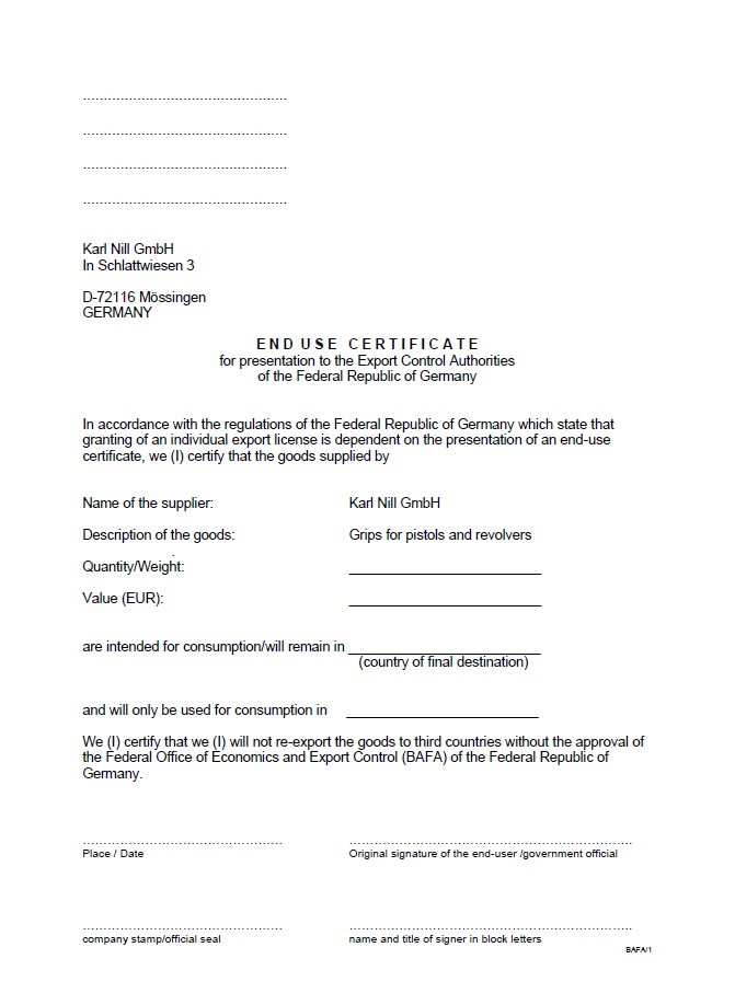 End Use Certificate